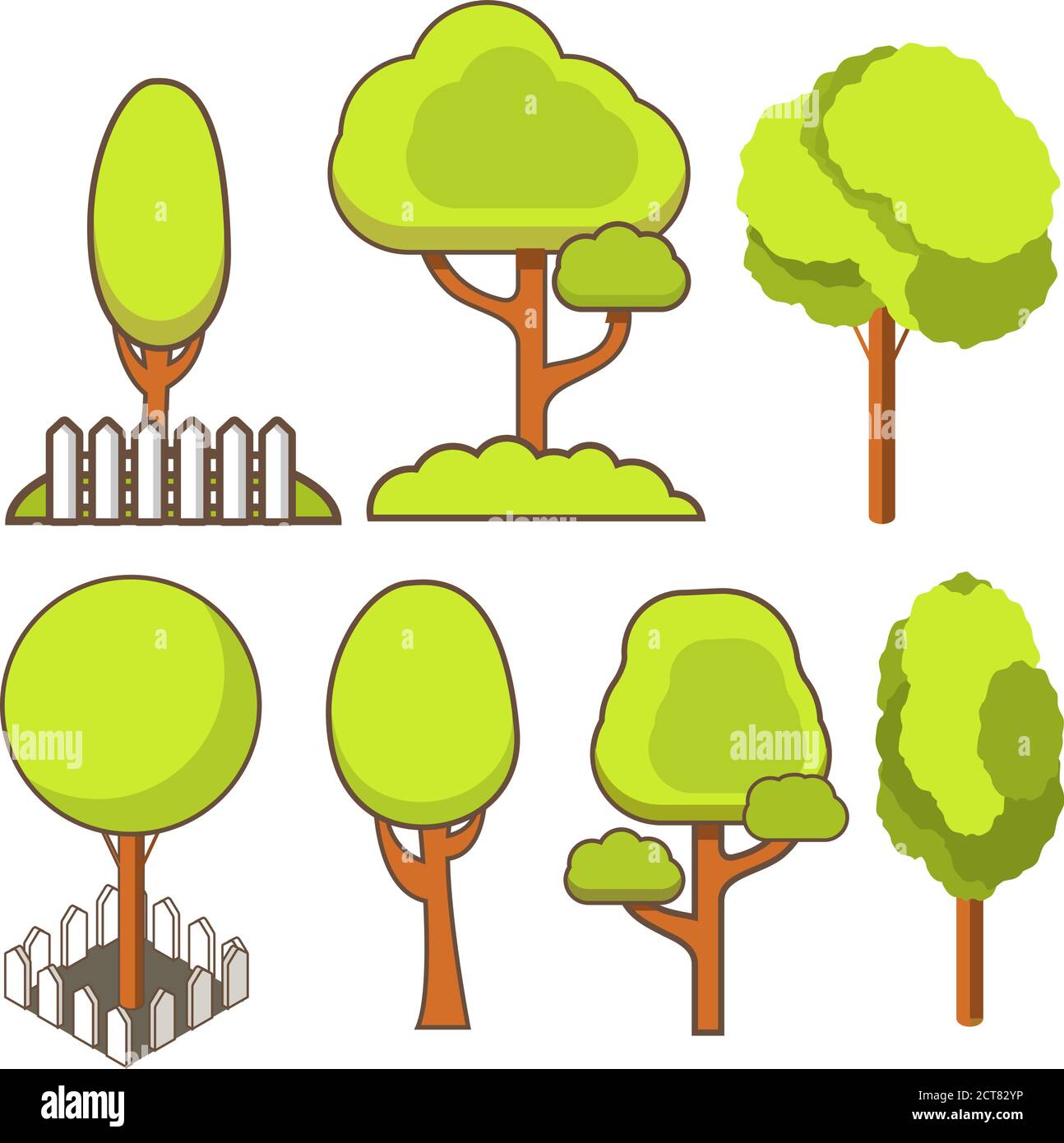 Trees isometric and bushes white fence.Isometric flat line art vector ...