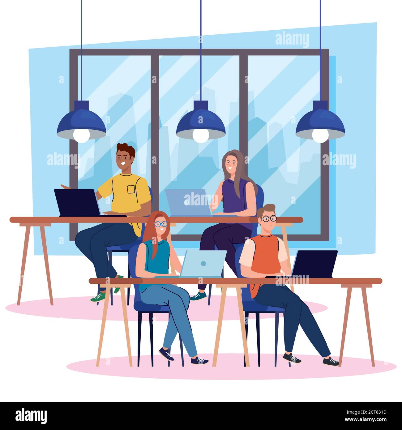 coworking space, young people with computers in desks, team working ...