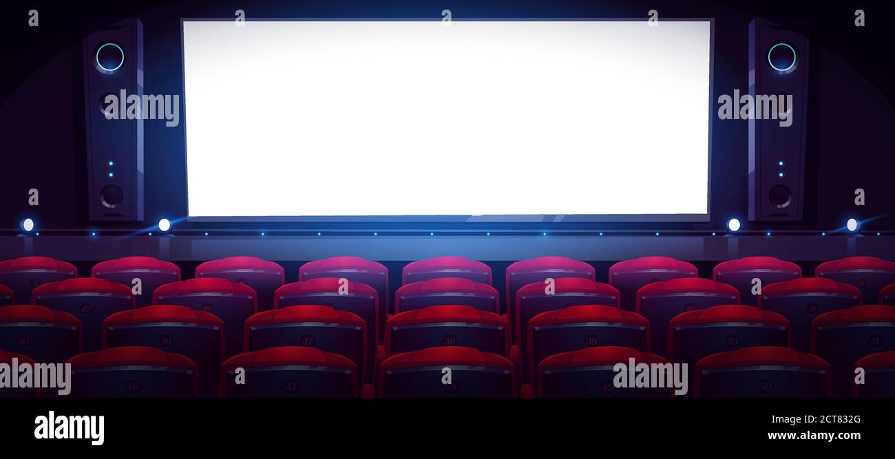 Movie theater, cinema hall with white screen and rows of red seats ...