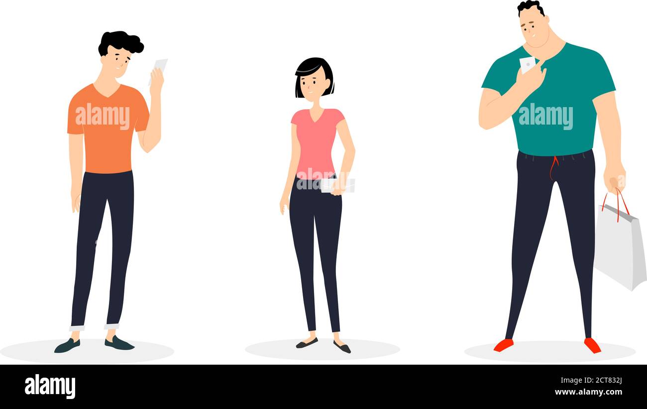 Group portrait of three people. Standing men with gadgets and a woman ...