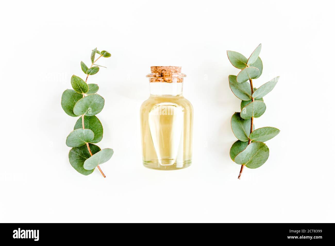 Essential oil and green branches, leaves eucalyptus on white background ...