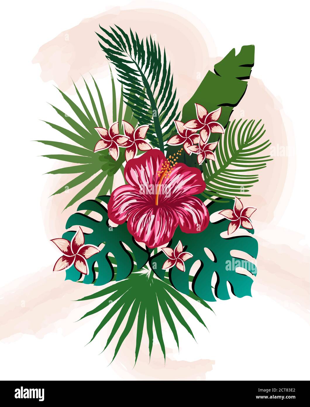 Composition of tropical flowers and leaves. Hibiscus, frangipani, palm ...