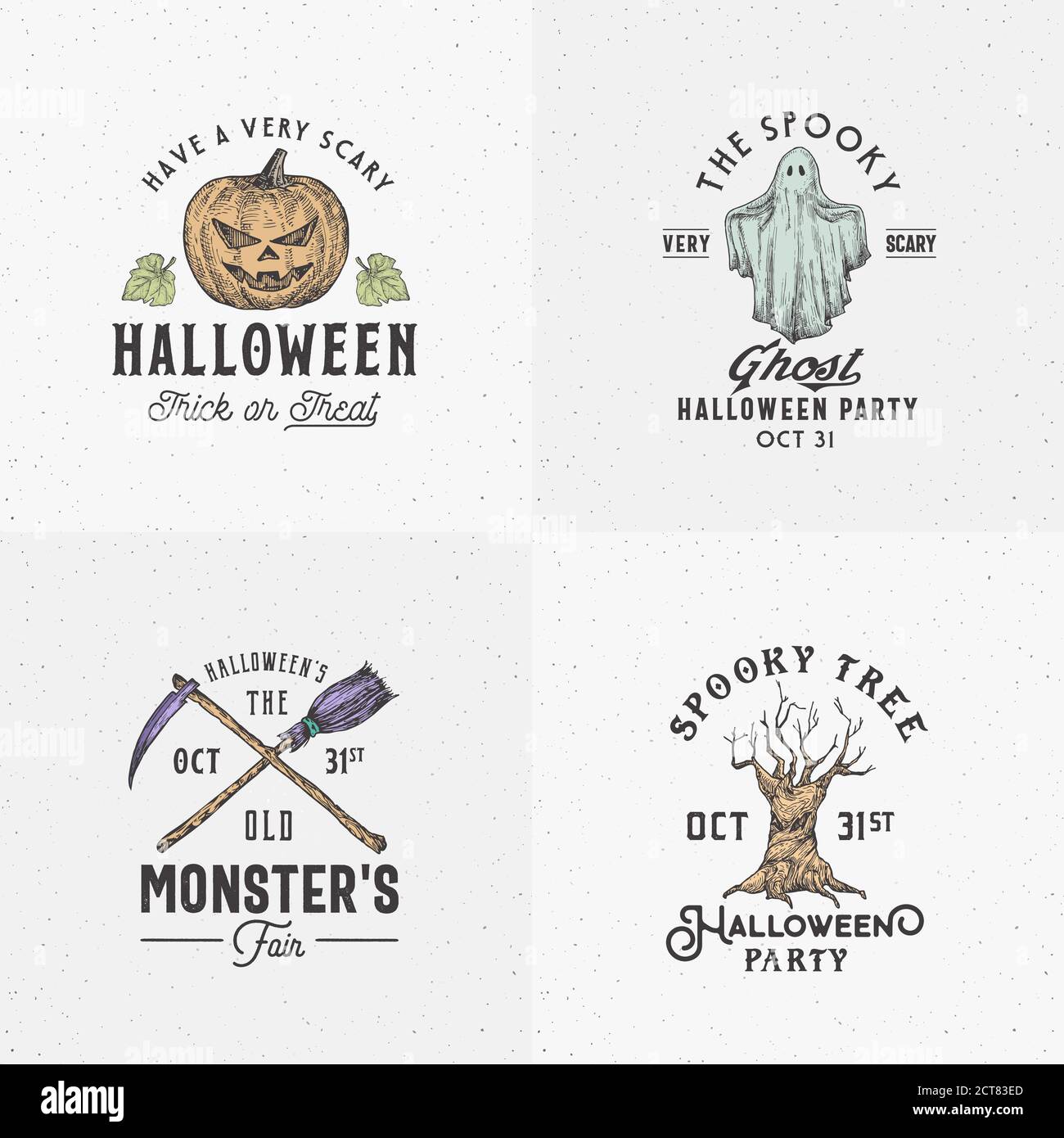 Vintage Style Halloween Logos or Labels Template Set. Hand Drawn Evil ...