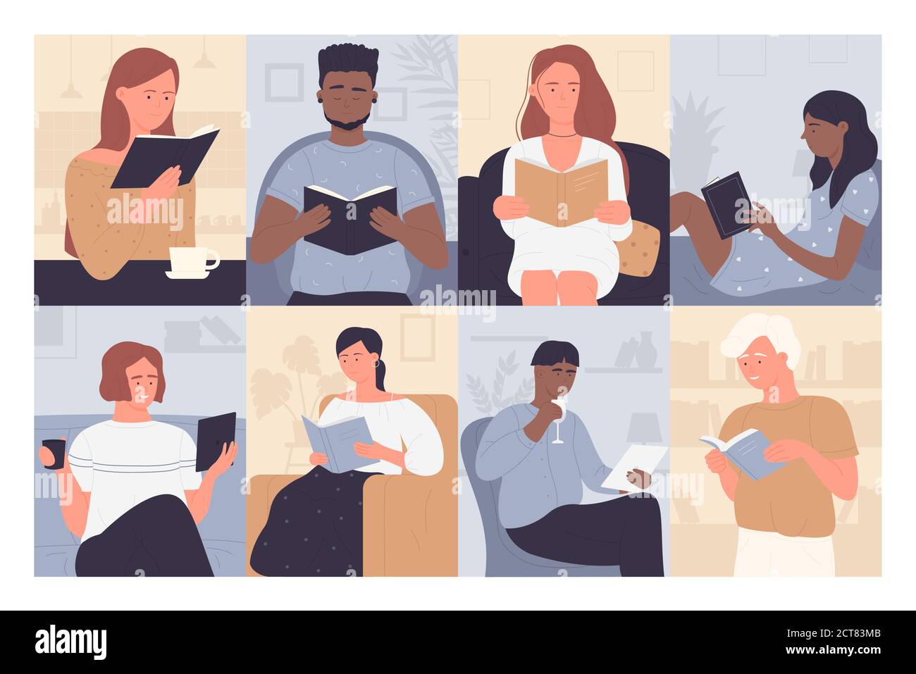 People read vector illustration set. Cartoon flat young booklover man ...