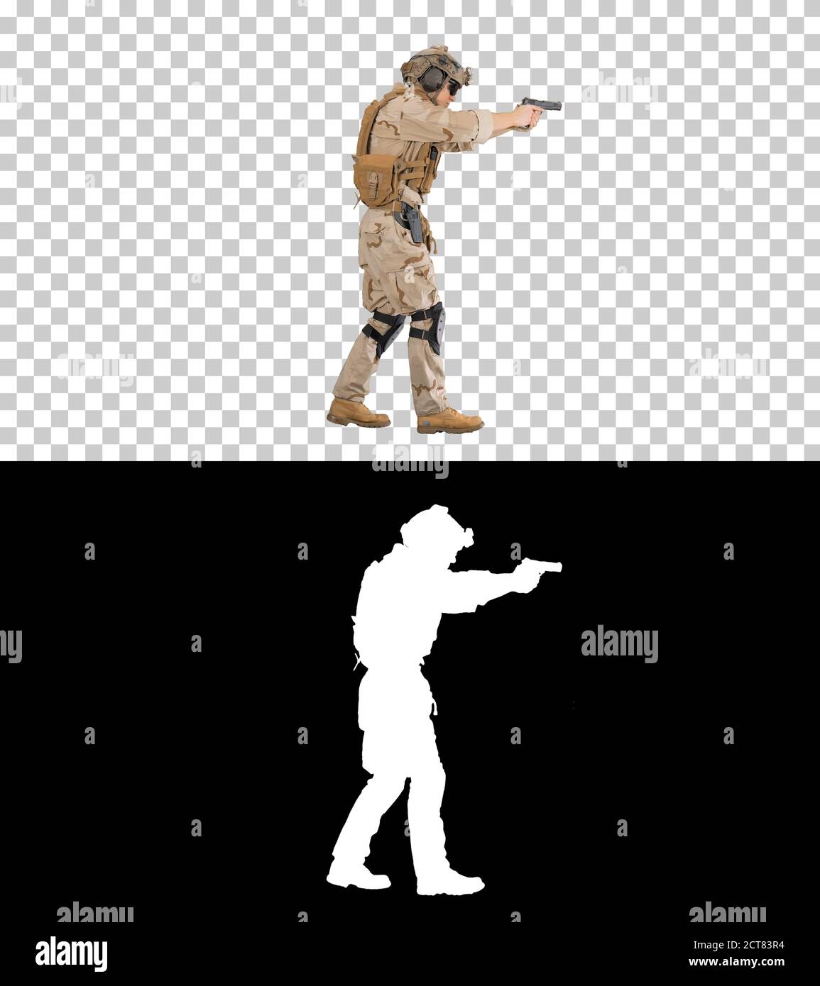 Armed soldier in camouflage walking and aiming with a hand gun Stock ...