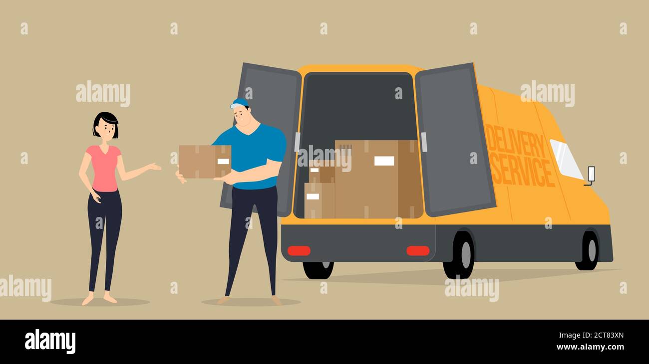 A man handing over parcel to a woman. Online shop parcel delivery ...