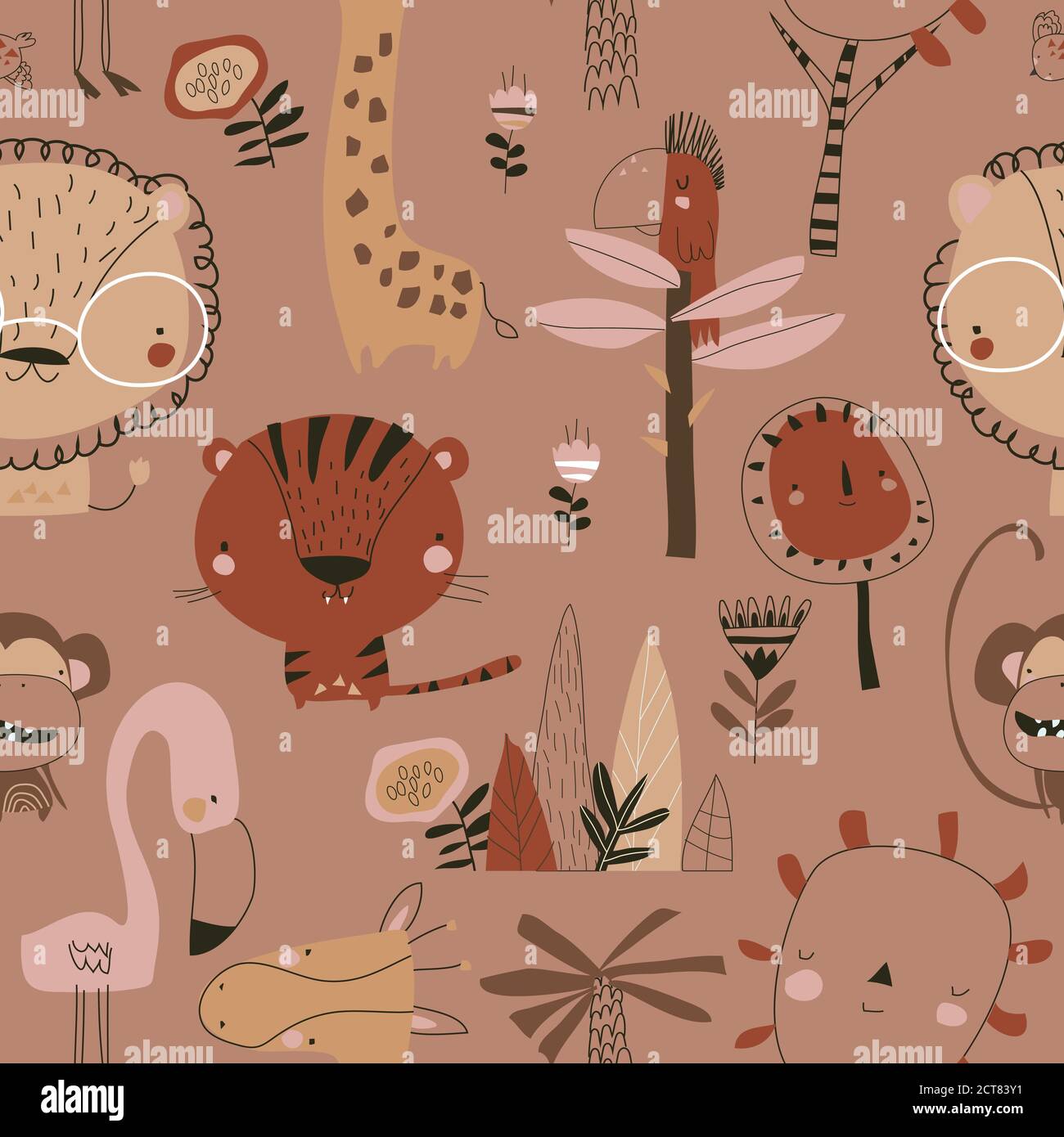 Seamless pattern with cartoon wild animals on brown background Stock ...