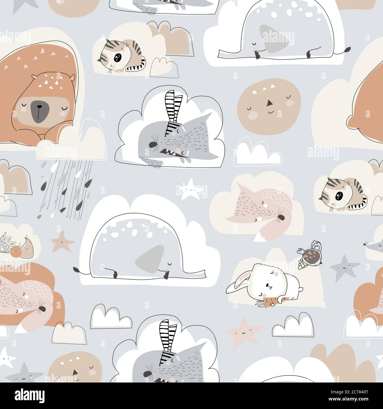 Seamless pattern with cute cartoon animals sleeping on clouds Stock ...