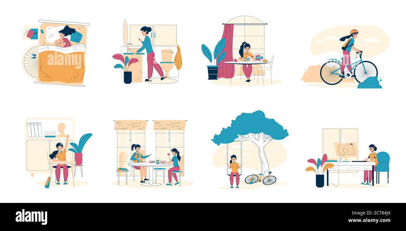 Schoolgirl everyday schedule, daily life scene set Stock Vector Image ...