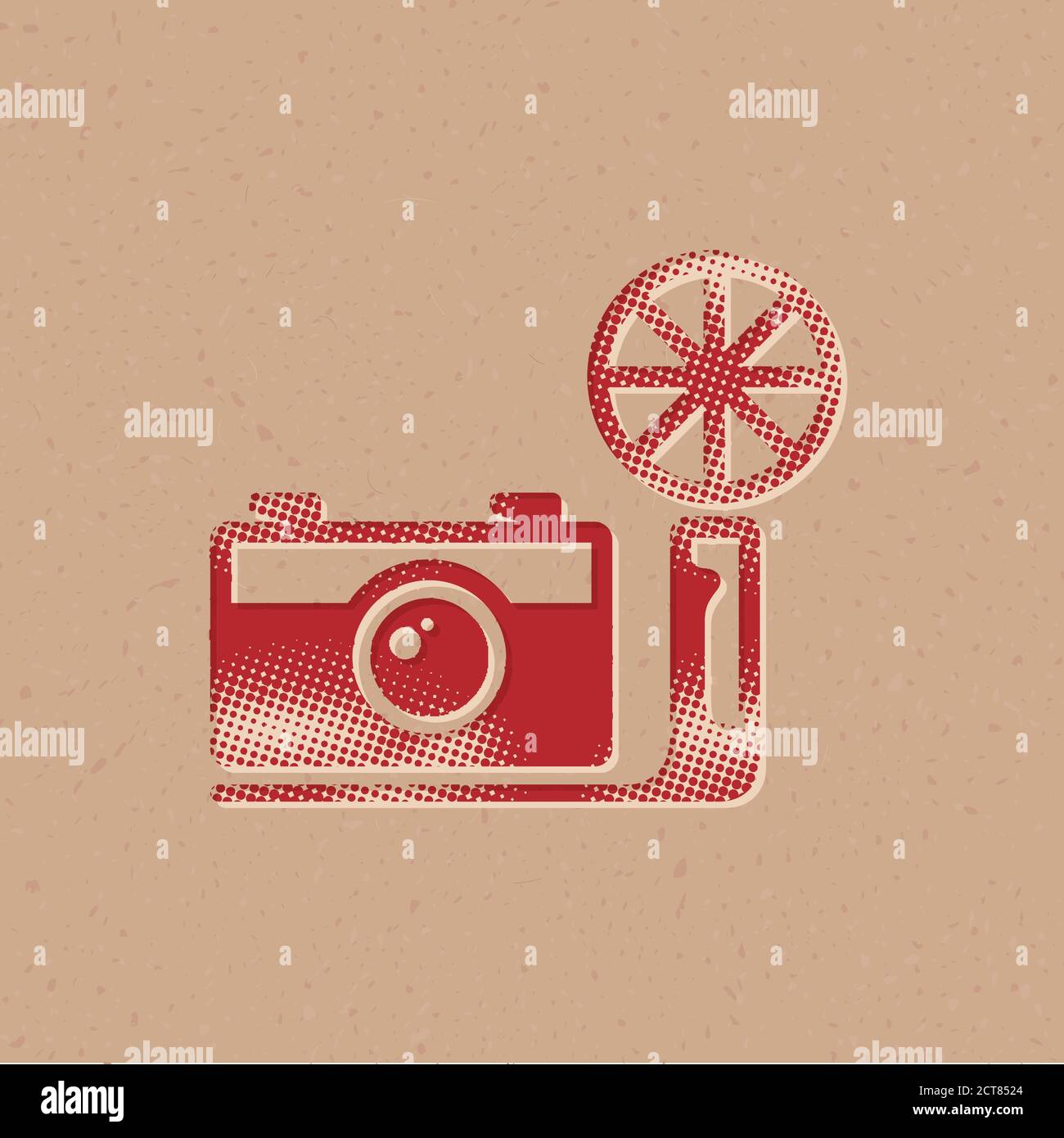 Vintage camera icon in halftone style. Grunge background vector ...