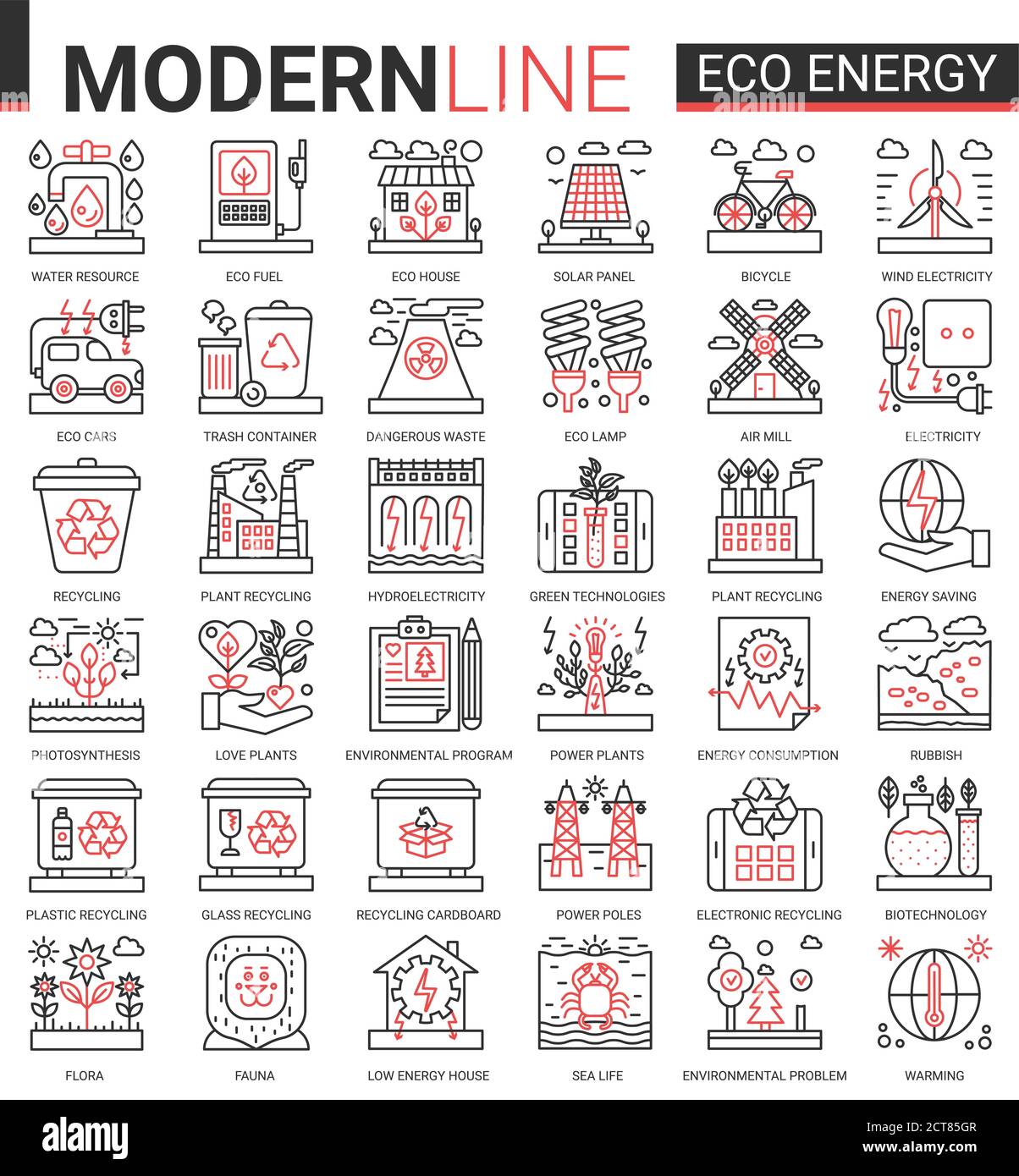 Eco energy complex concept icon vector set. Red black thin line website design collection of ...