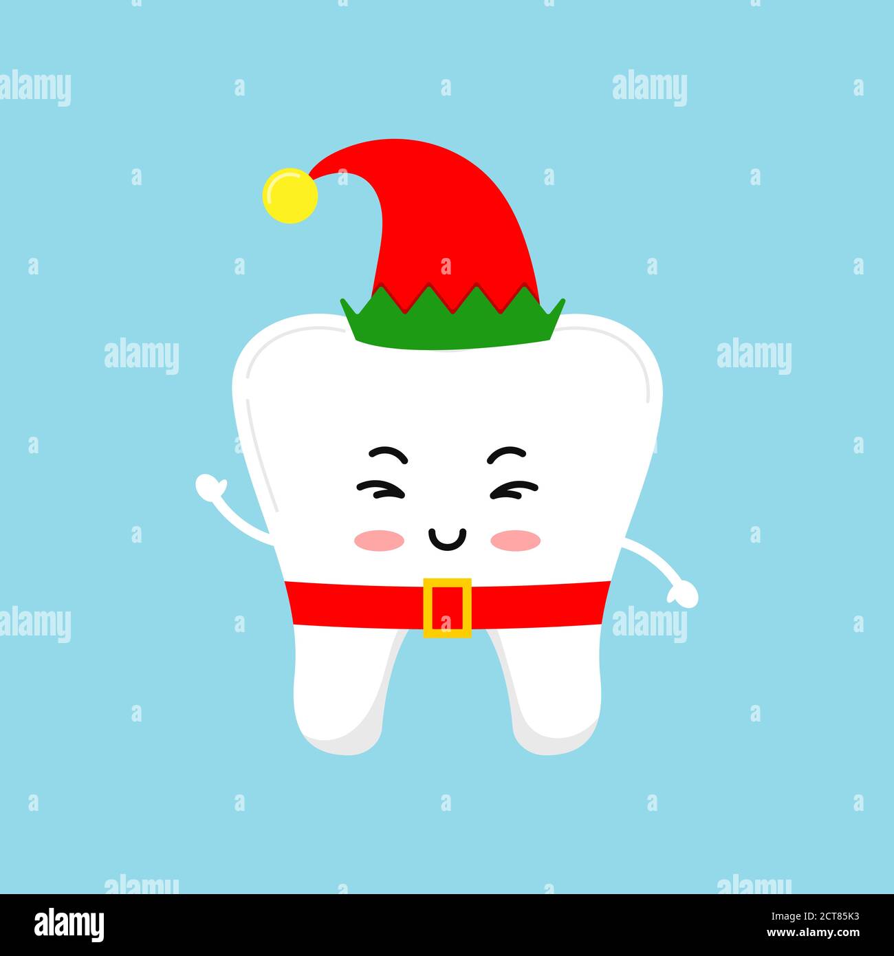 Cute Christmas tooth in elf costume with red hat and belt icon in flat ...