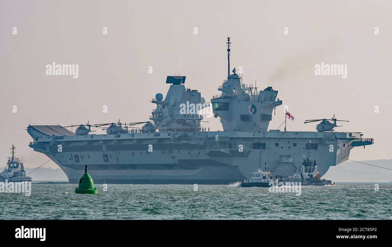 HMS Queen Elizabeth (R08) leaving Portsmouth, UK on the 21st September ...