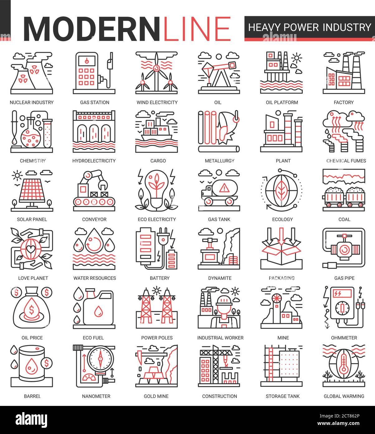 Heavy power industry complex concept thin red black line icon vector ...