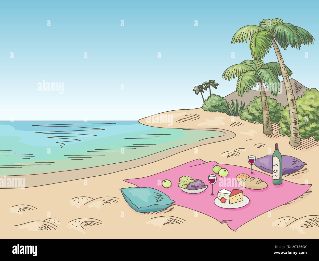 Picnic sea coast graphic color landscape sketch illustration vector ...