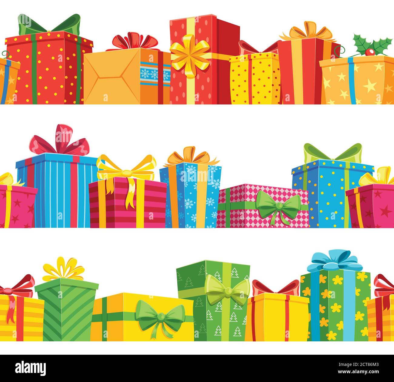 Gift seamless border. Stack giftbox package, present box to holiday ...