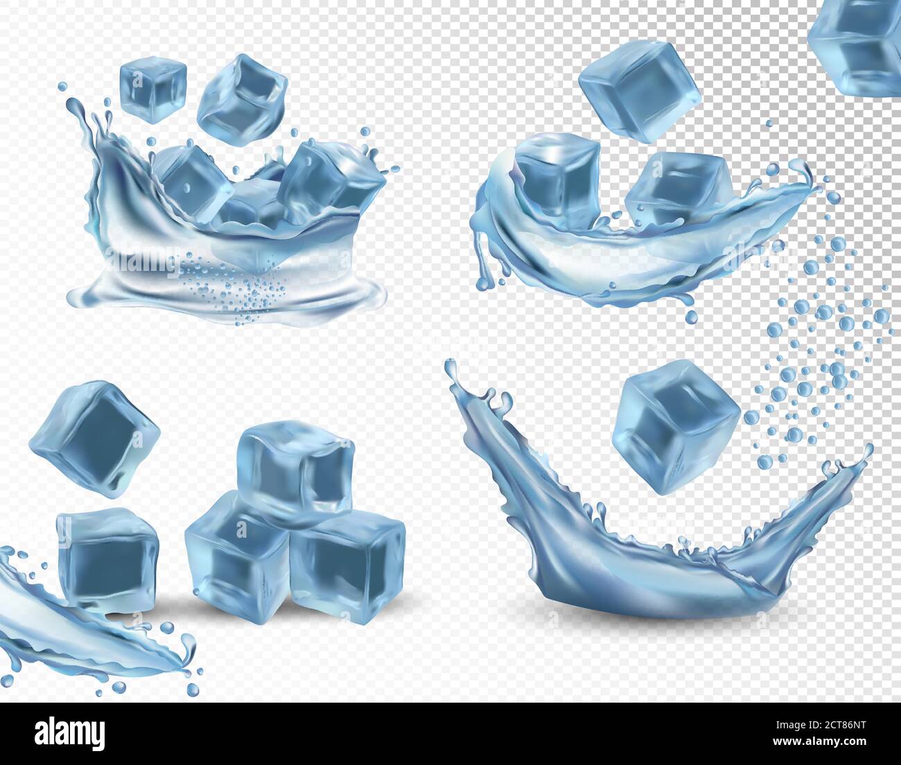 Realistic ice cube and water splash on transparent background. Blue ...