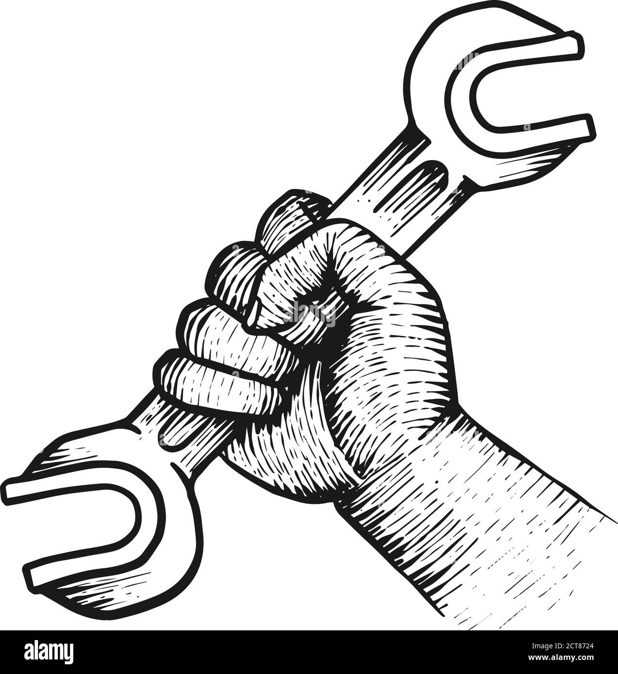 Hand holding spanner wrench. Wood engraving drawing style Stock Vector ...