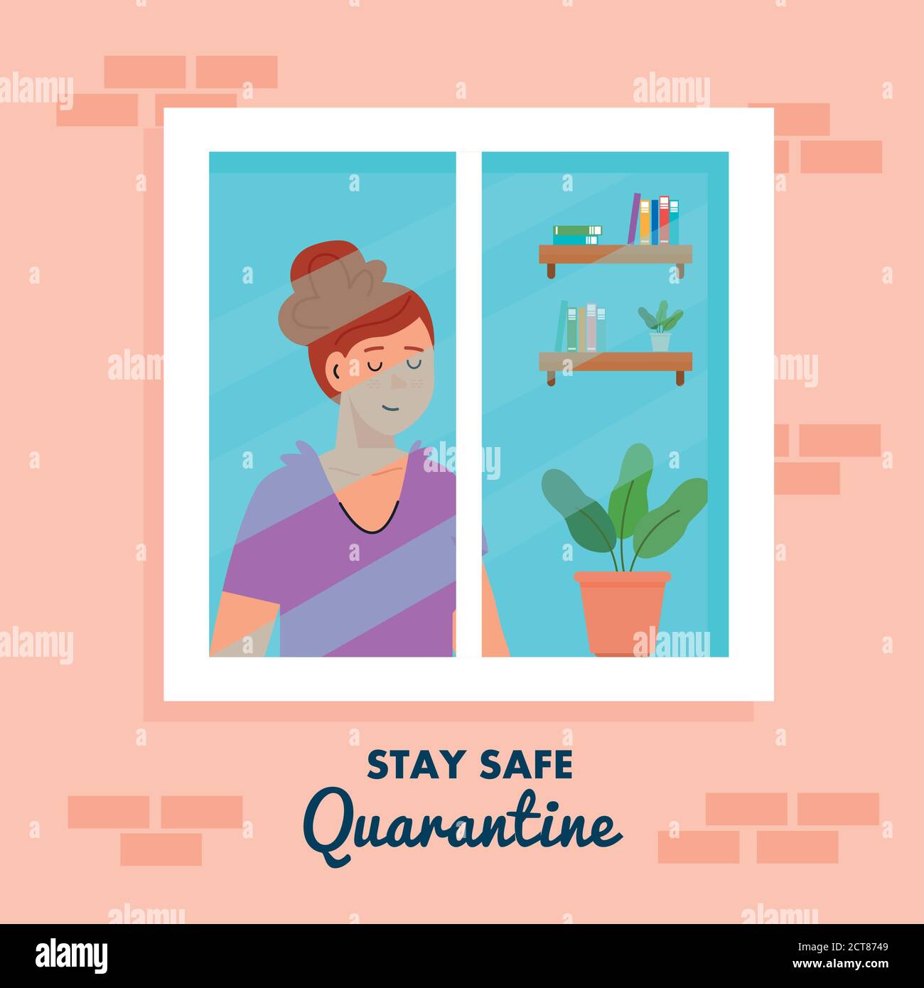 stay home, quarantine or self isolation, house facade with window and ...