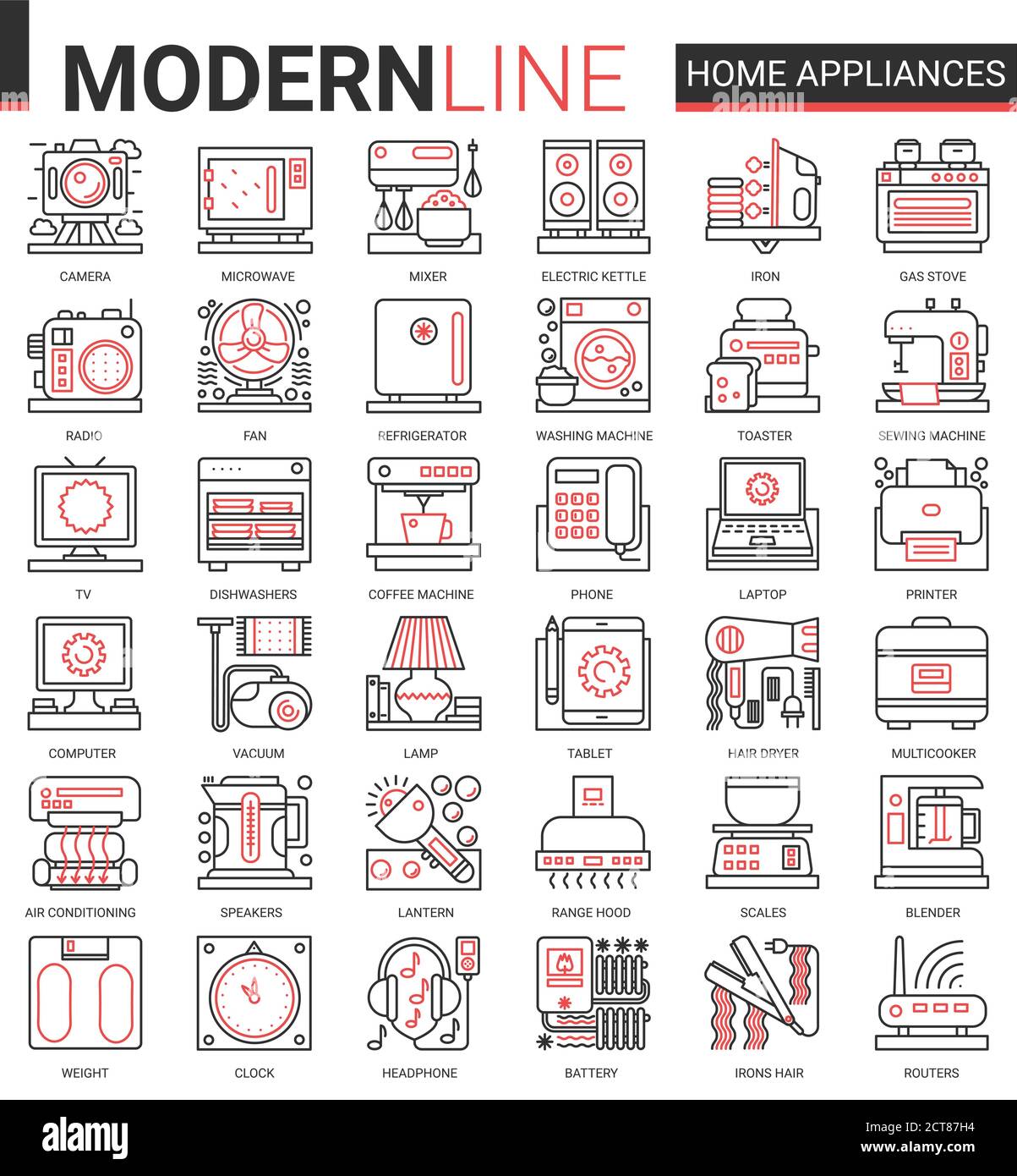 Home appliances complex concept line icon vector set. Red black thin ...