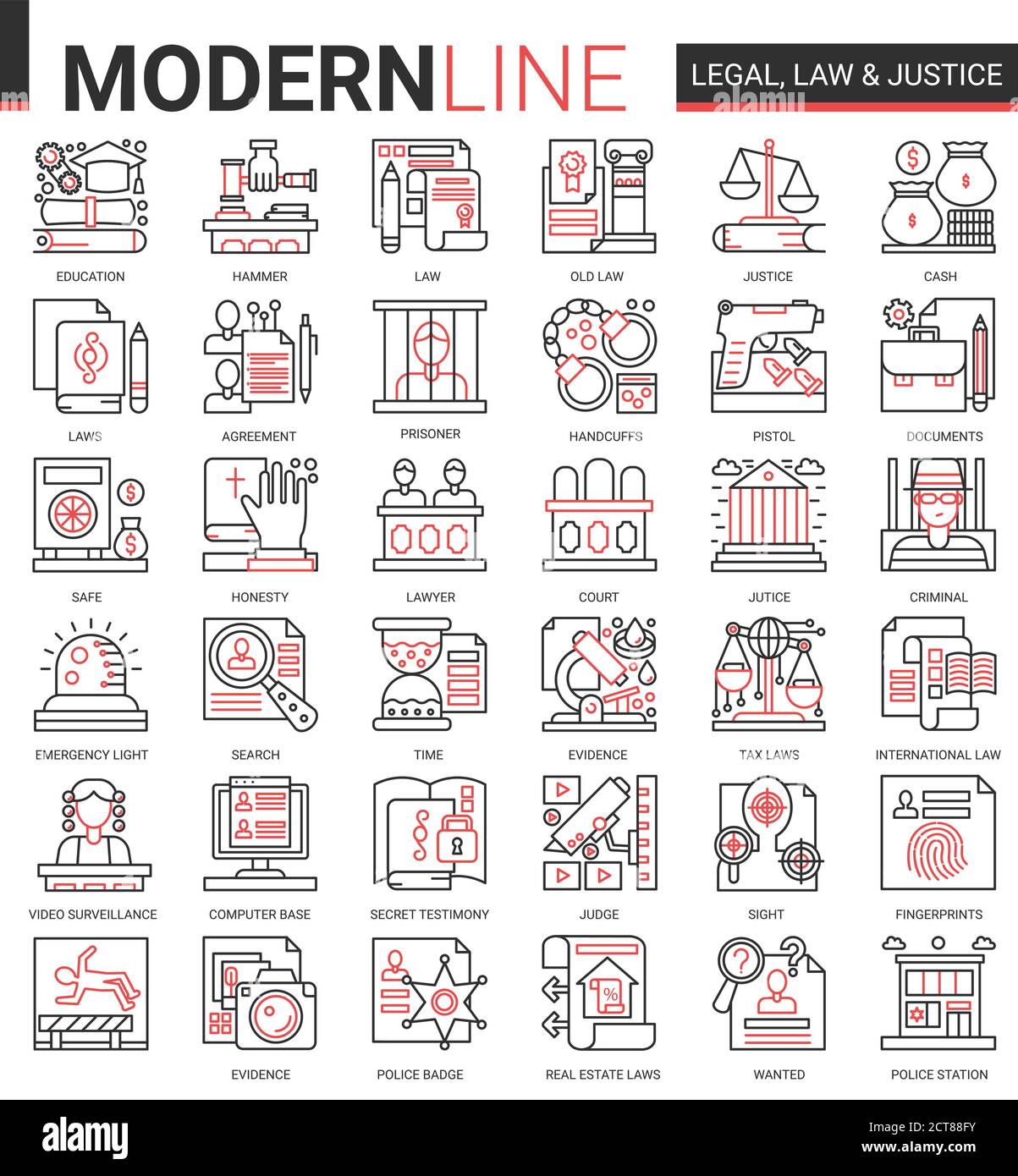 Legal law and justice concept complex icon vector set. Red black thin ...