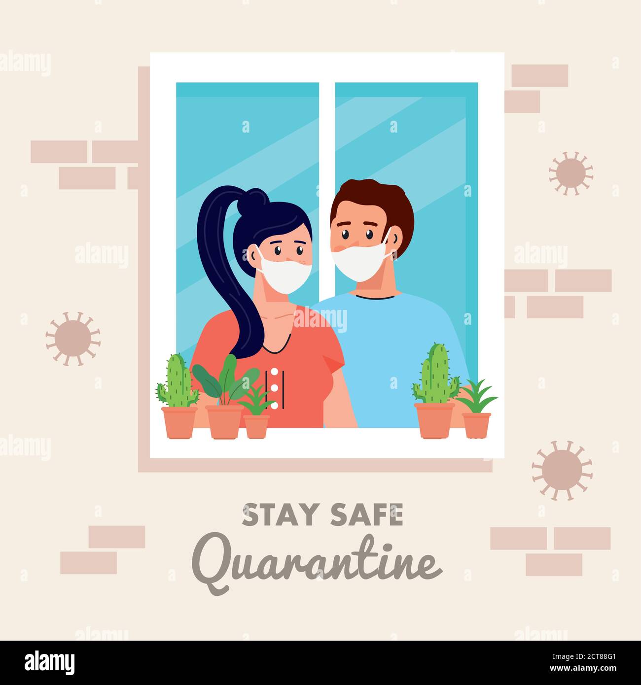 stay home, quarantine or self isolation, house facade with window and ...