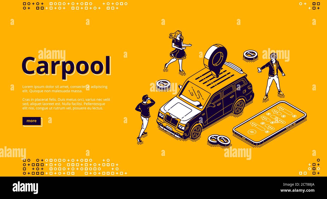 Carpool isometric landing page, people rent car for joint trip using ...