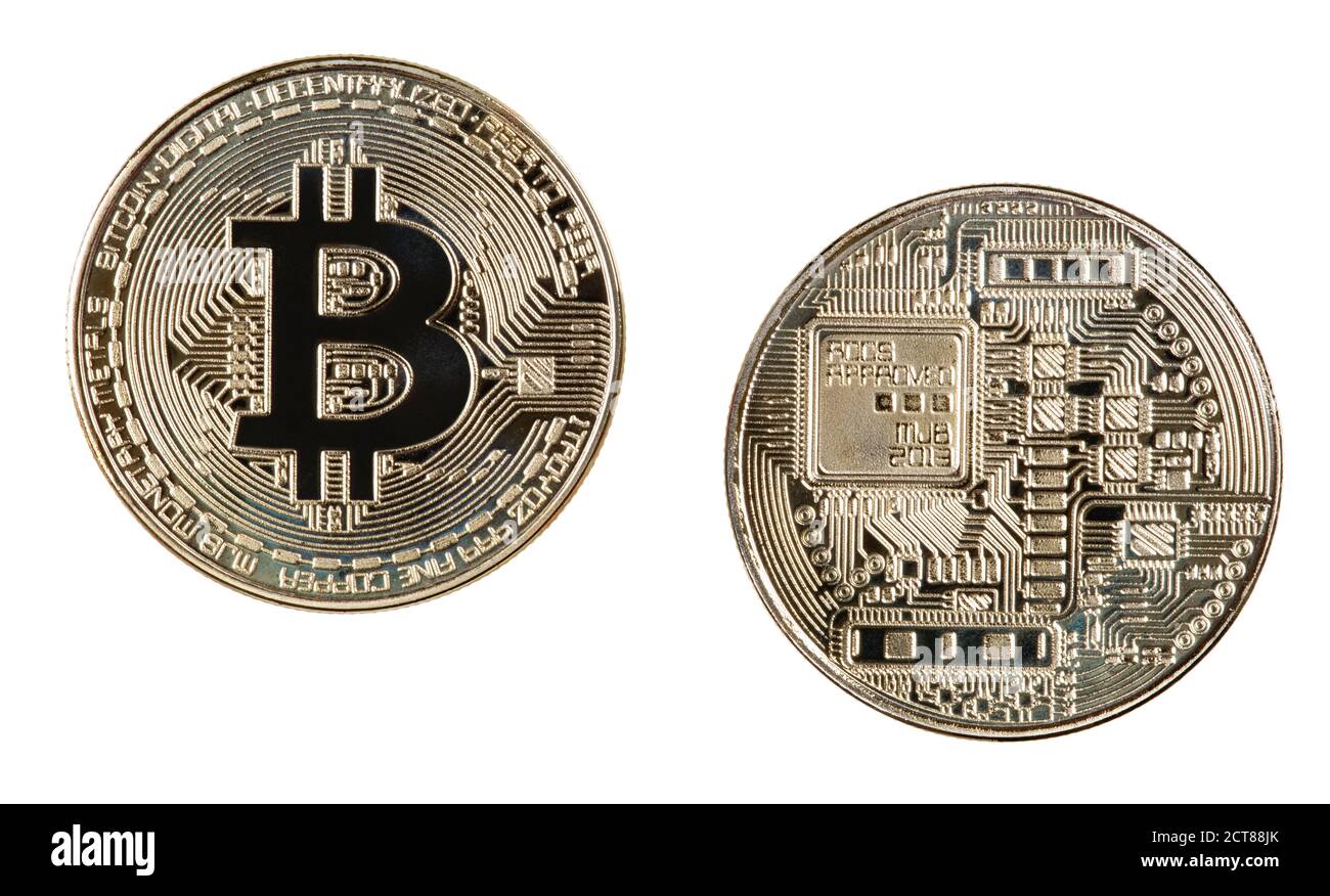 Obverse and reverse sides of a Gold Bitcoin Isolated on a white ...