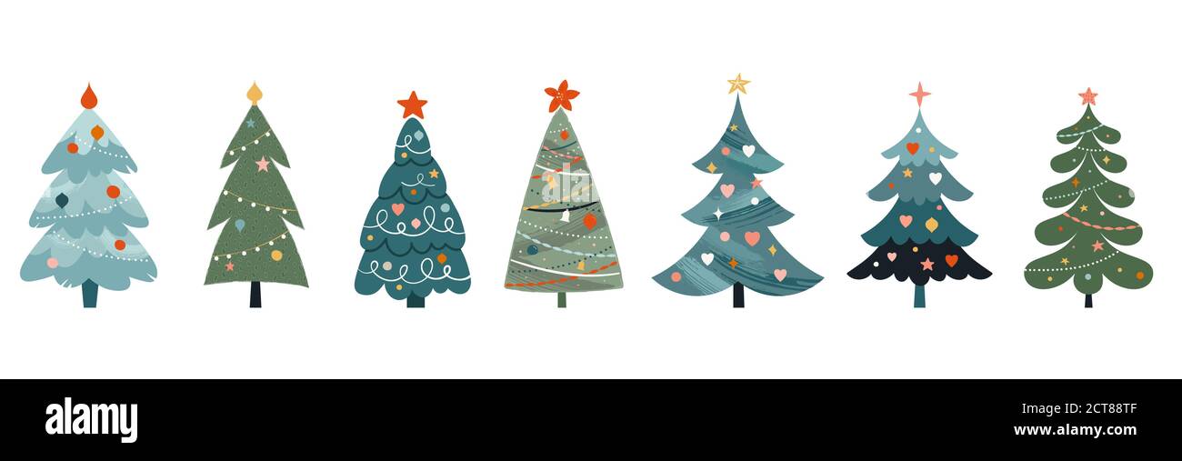 Christmas trees collection, modern flat design. Stickers, elements ...