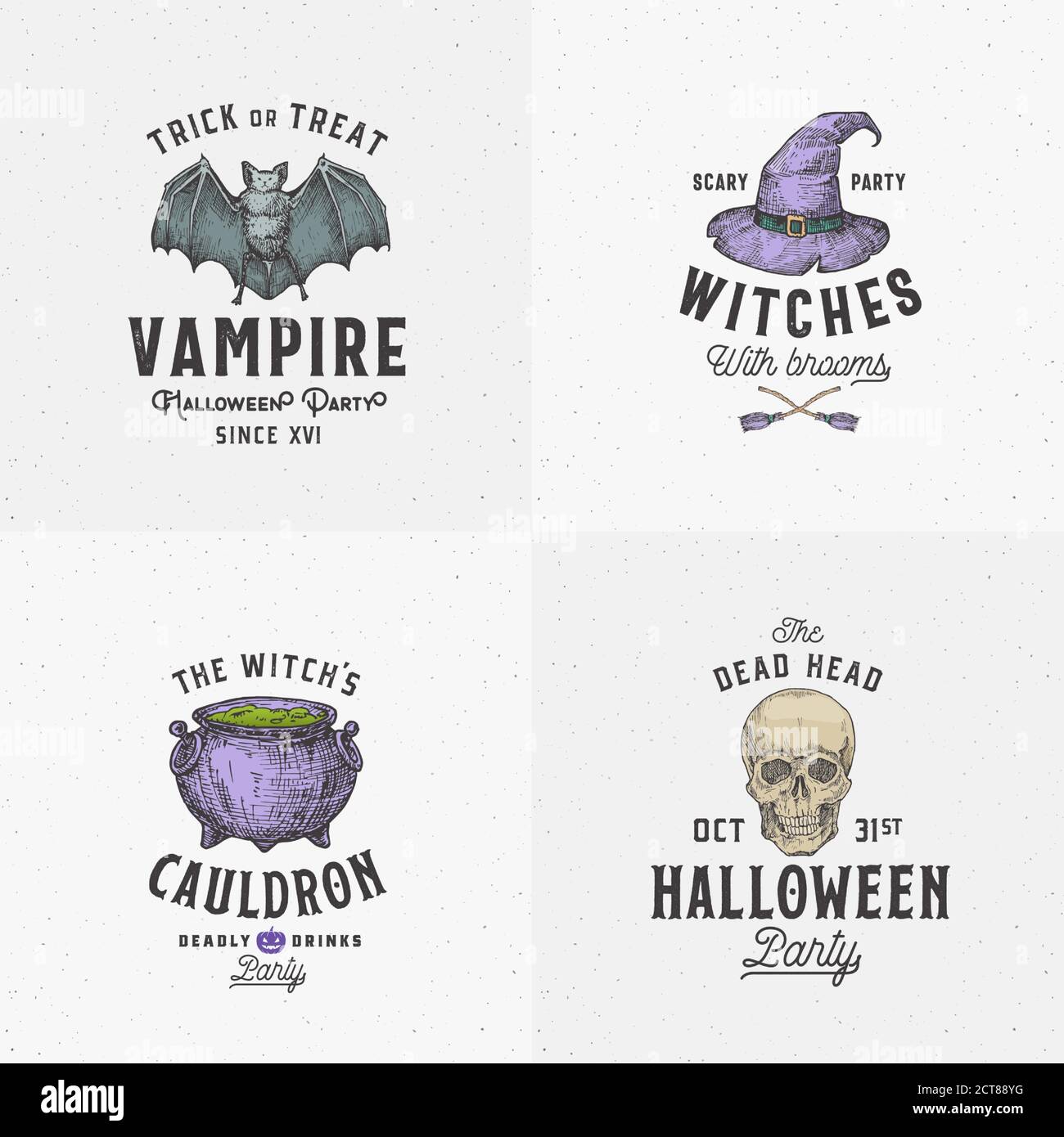 Vintage Style Halloween Logos or Labels Template Set. Hand Drawn ...