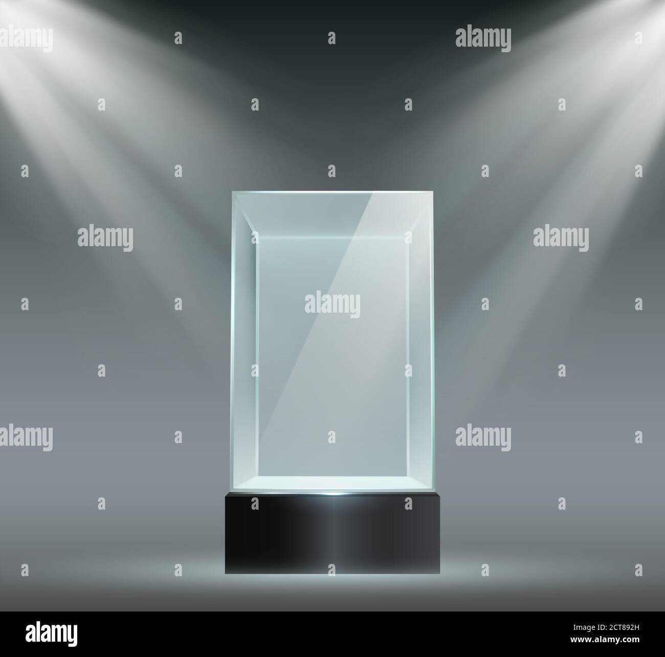 Glass showcase. Transparent plastic cube, empty product or museum ...