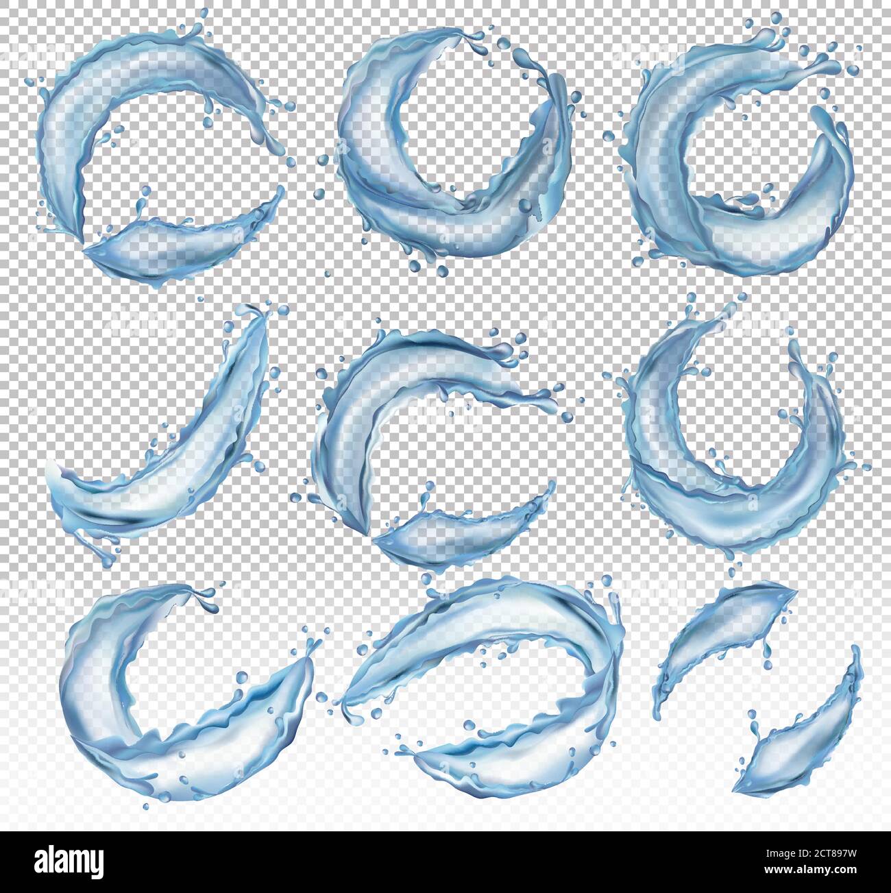 Collection realistic of transparent water splashes from different ...