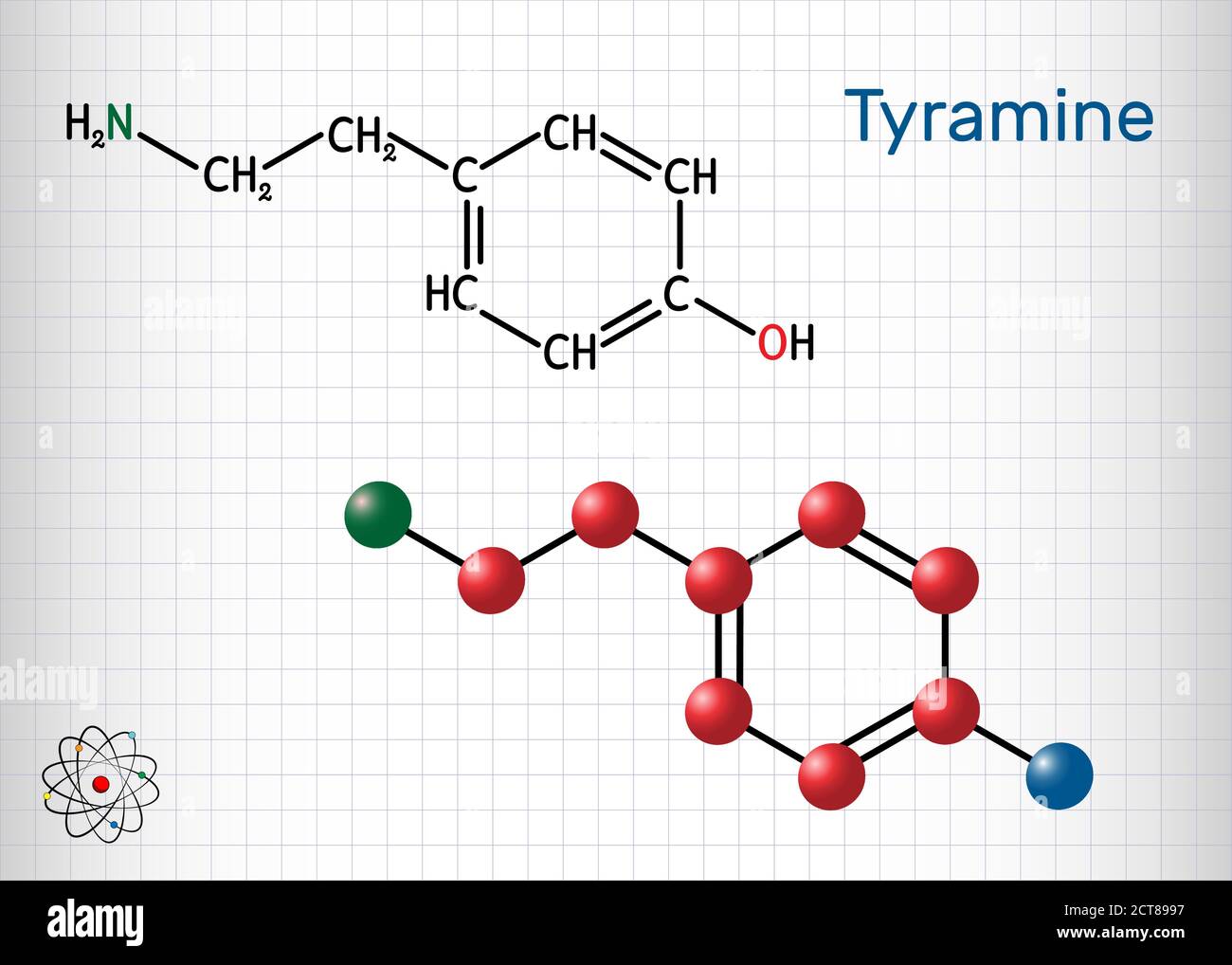 Tyramine, tyramin molecule. It is monoamine compound derived from ...