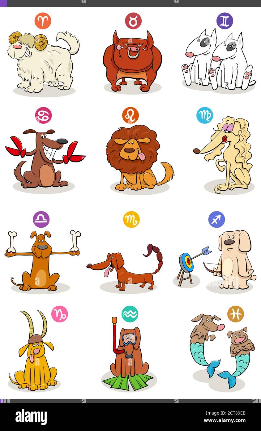 Cartoon Illustration of Horoscope Zodiac Signs with Comic Dogs Set ...