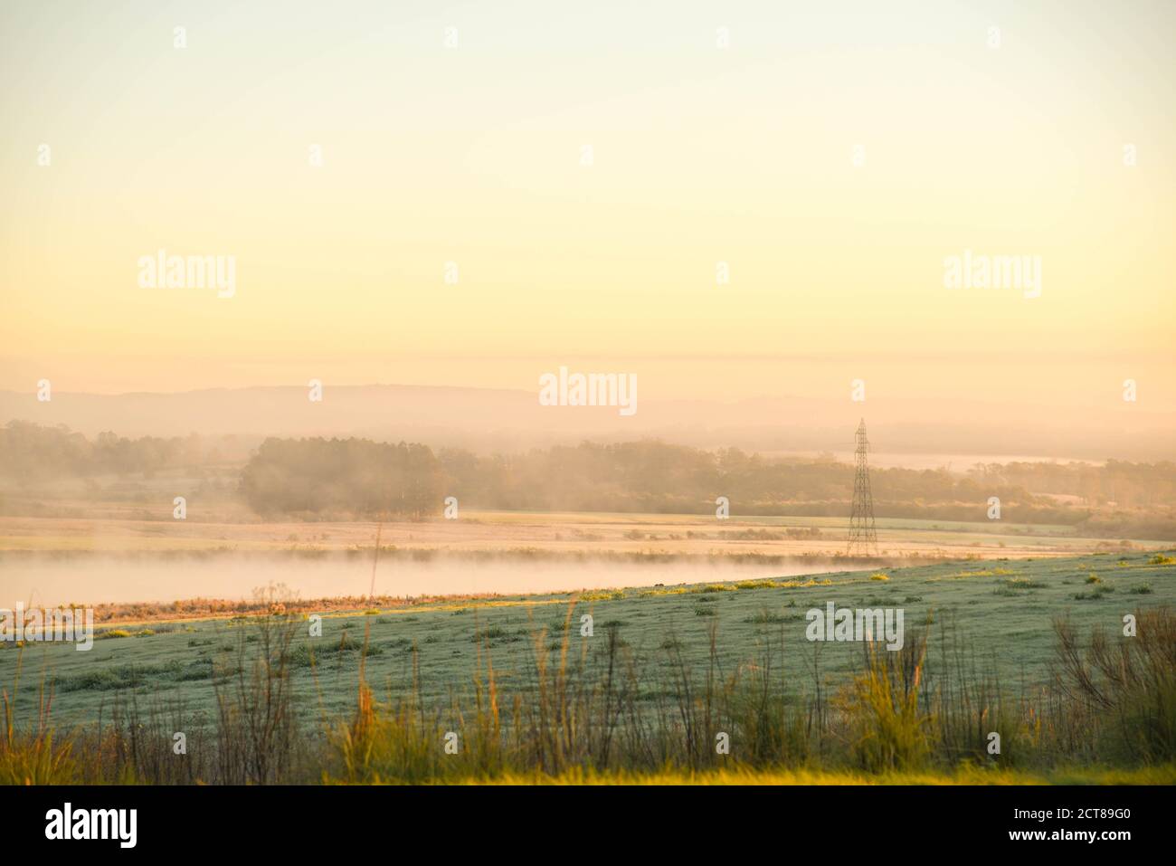 Rural landscape. Dawn with frost formation. Pampa biome fields ...