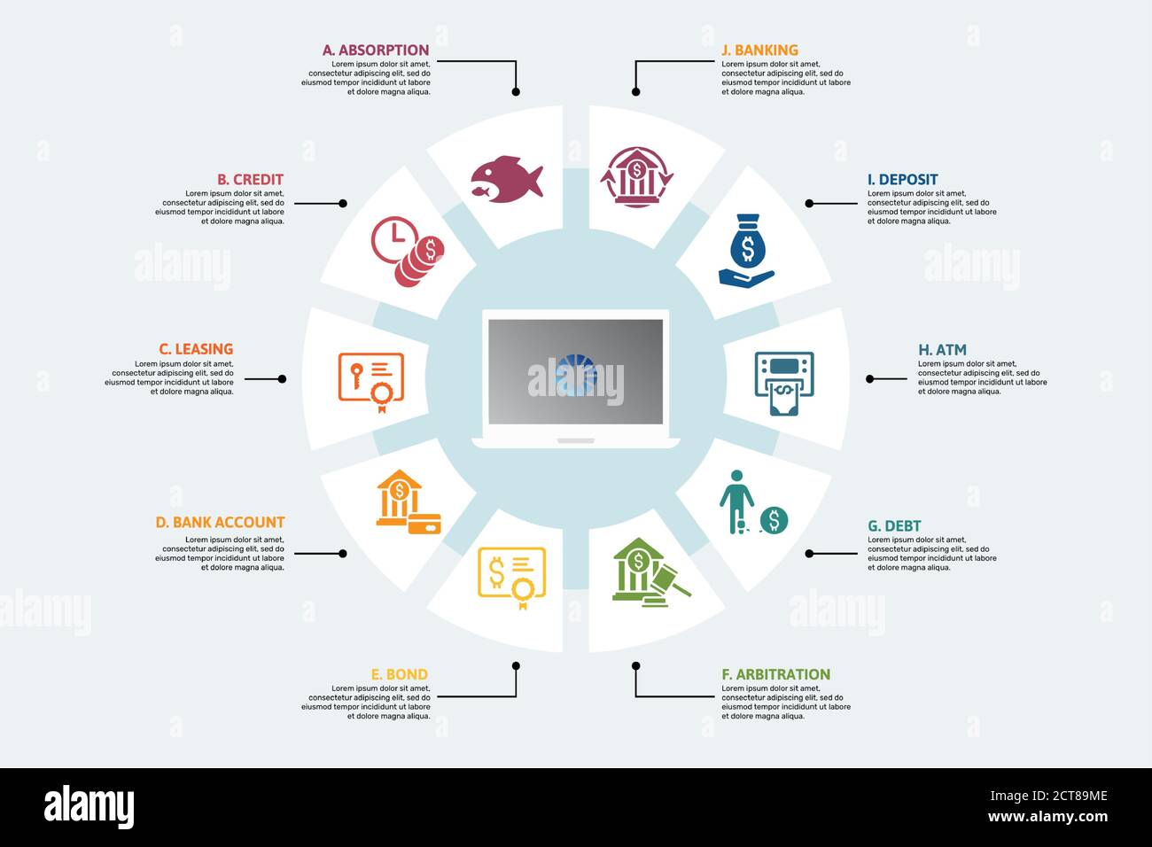 Infographic Banking template. Icons in different colors. Include ...