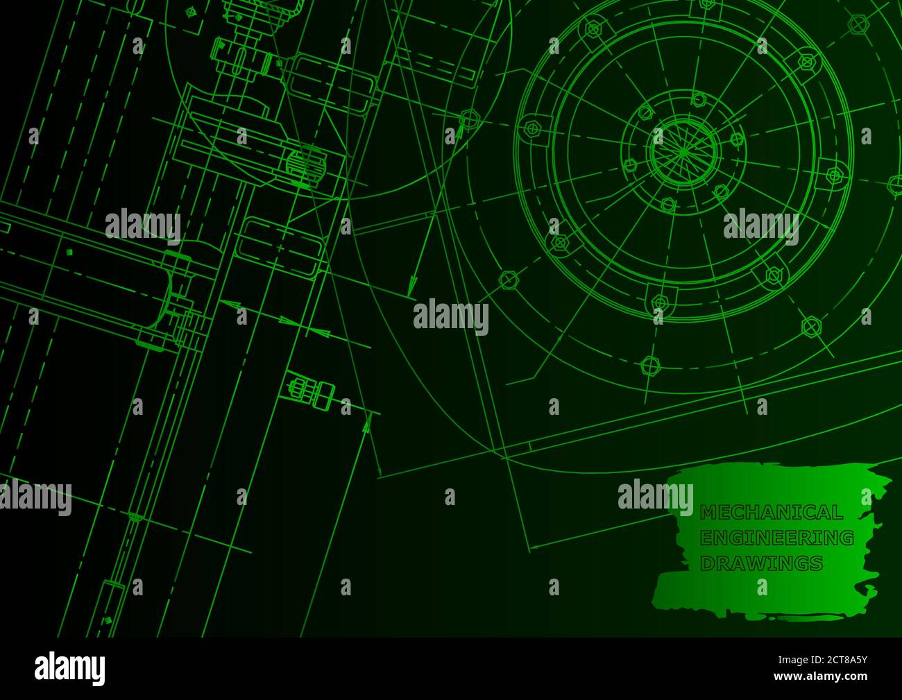 Cover. Vector engineering illustration. Green neon. Mechanical ...