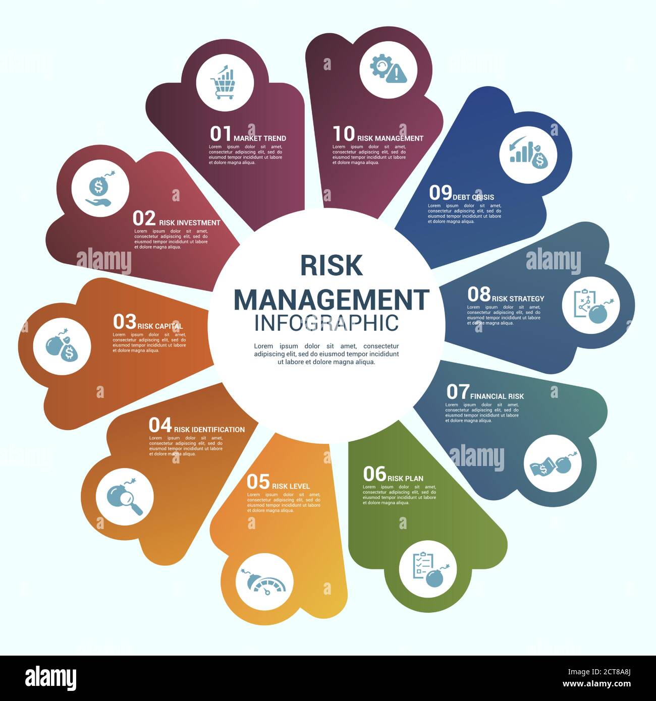 Infographic Risk Management template. Icons in different colors. Include Market Trend ...