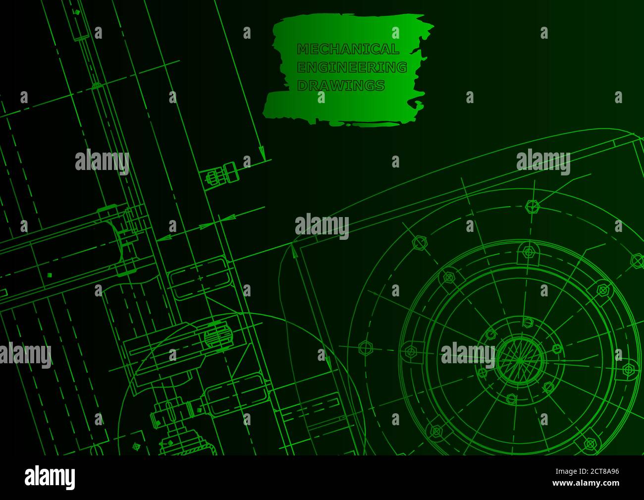 Cover. Vector engineering drawings. Green neon. Mechanical instrument ...