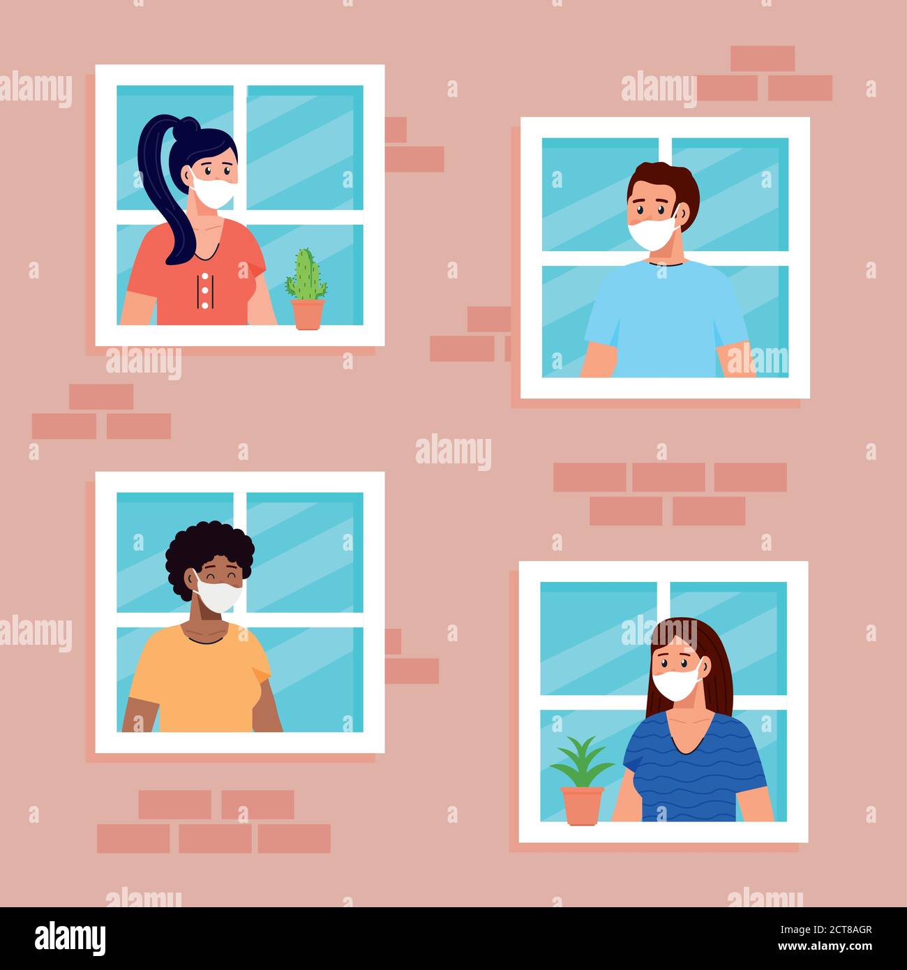 stay home, quarantine or self isolation, house facade with windows and ...