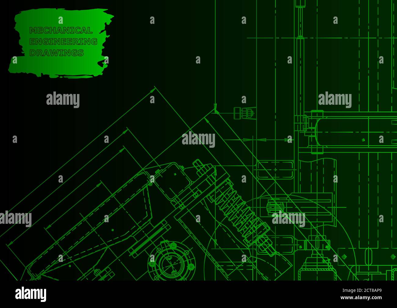 Machine-building industry. Mechanical engineering drawing. Green neon ...