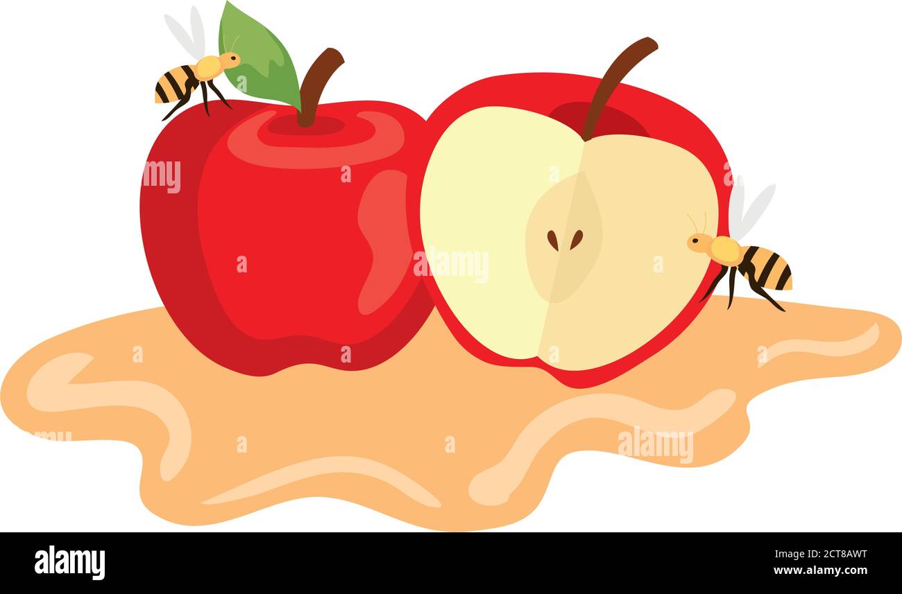 apples with honey and bee flying on white background Stock Vector Image ...