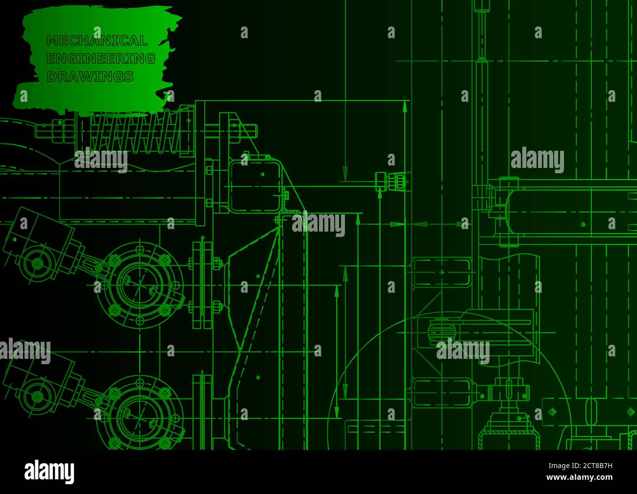 Vector engineering illustration. Mechanical engineering drawing. Green ...