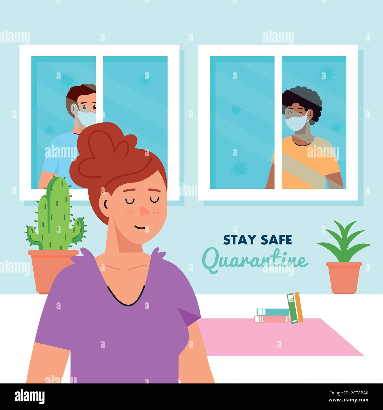 stay home, quarantine or self isolation, woman in the house and men ...