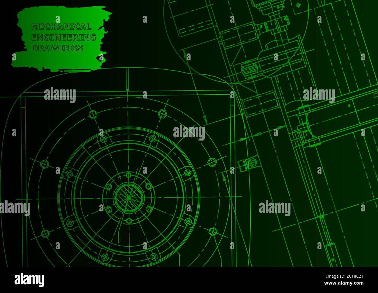 Cover, flyer. Vector engineering illustration. Green neon. Mechanical ...