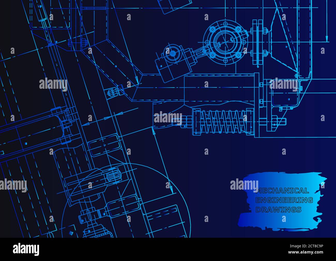 Vector engineering drawing. Mechanical instrument making. Blue neon ...