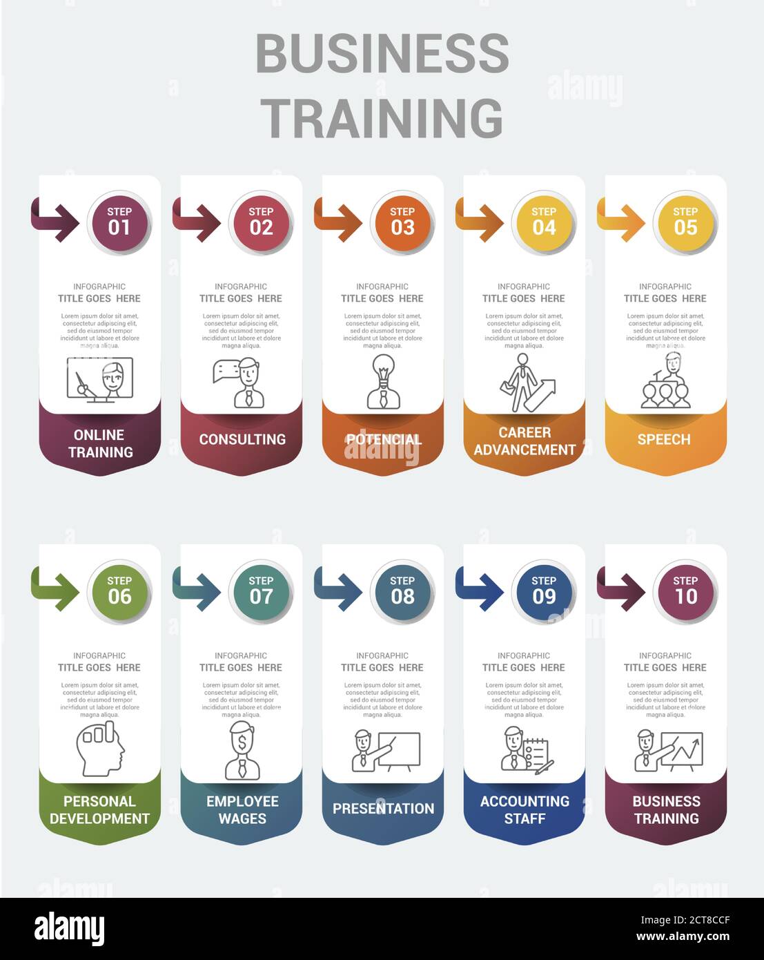 Infographic Business Training template. Icons in different colors ...