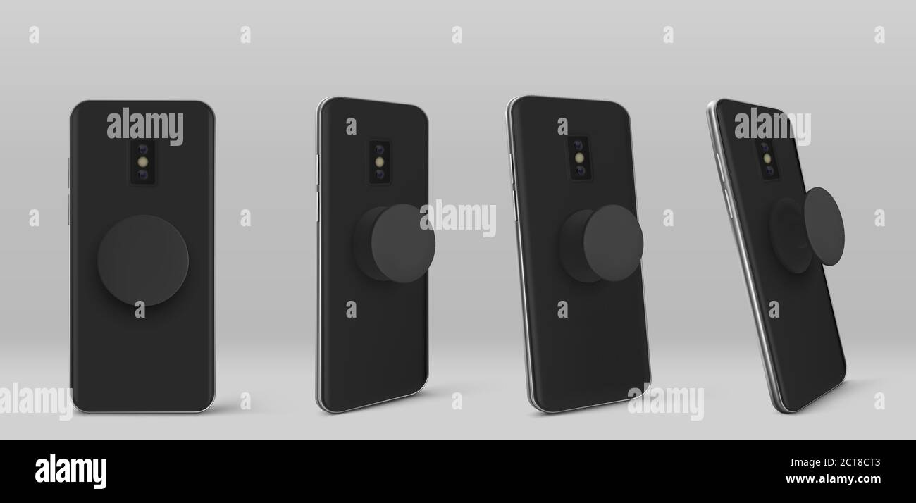 Smartphone with pop socket holder on back in different angles view ...