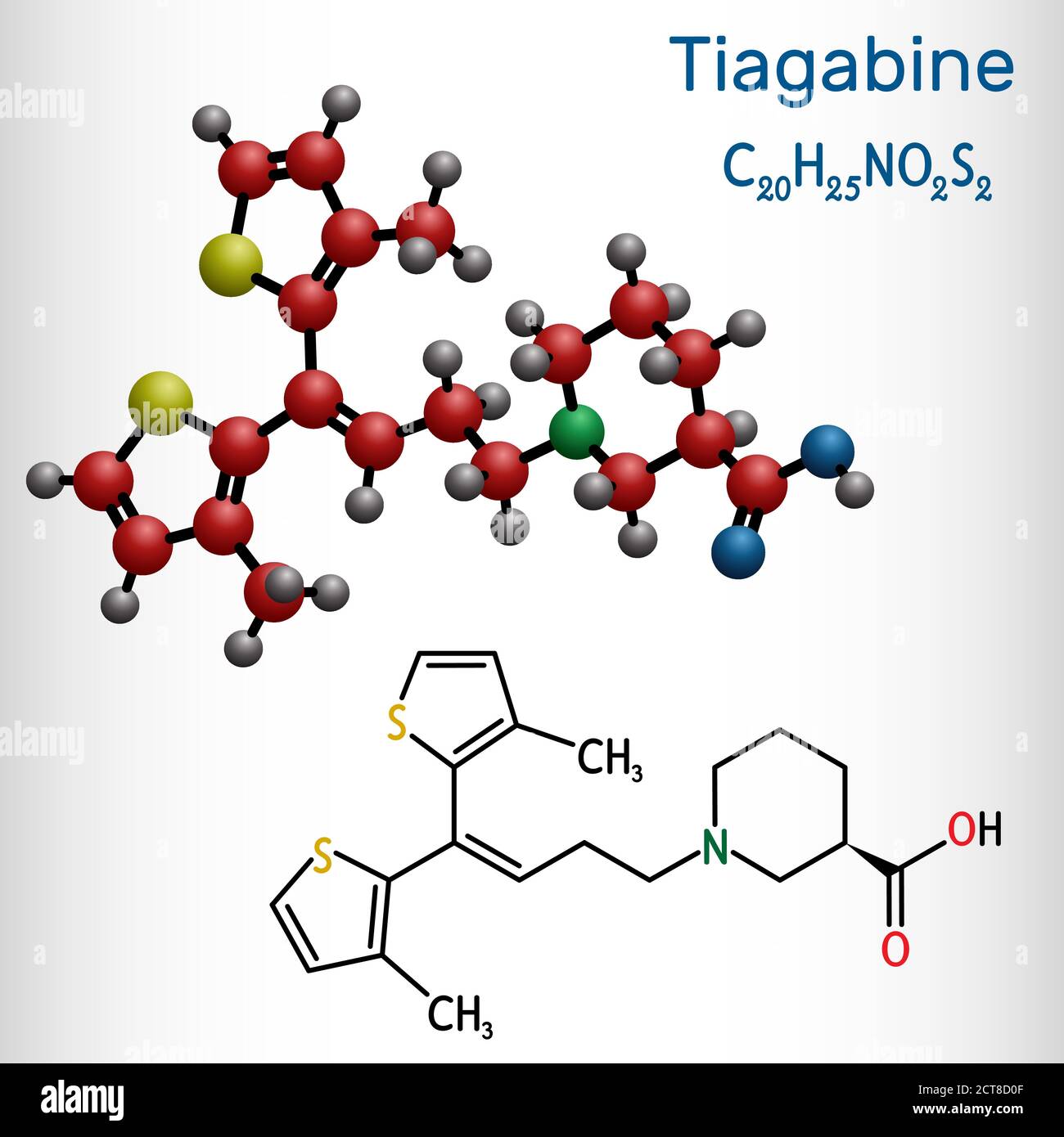 Tiagabine, C20H25NO2S2 molecule. It is anticonvulsant medication, is ...