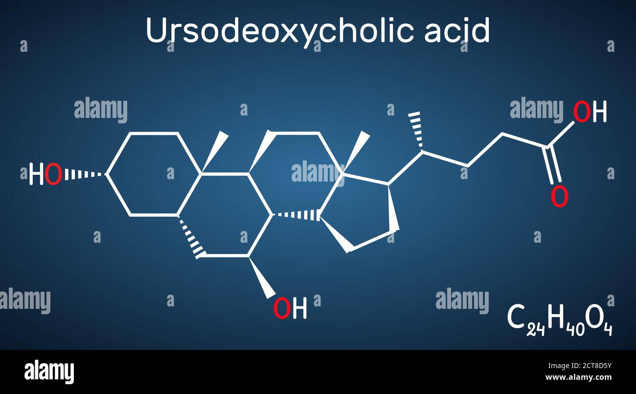 Ursodeoxycholic acid, ursodiol, UDCA molecule. It is used as cholagogue ...